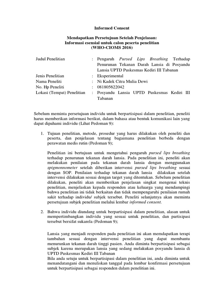 CONTOH - INFORMED CONSENT WHO CIOMS 2016 | PDF | Kesehatan Holistik