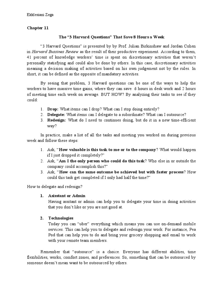 The "3 Harvard Questions" That Save 8 Hours A Week: Ekklesiani Zega | PDF