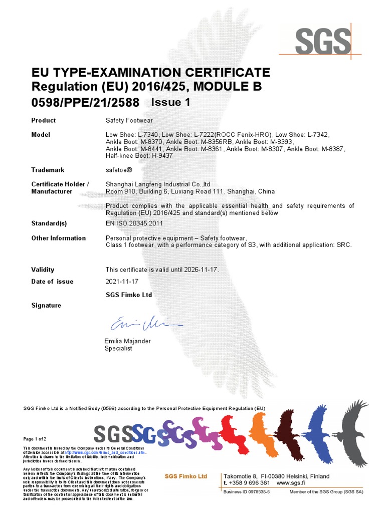 Eu Type-Examination Certificate Regulation (EU) 2016/425, MODULE B 0598 ...