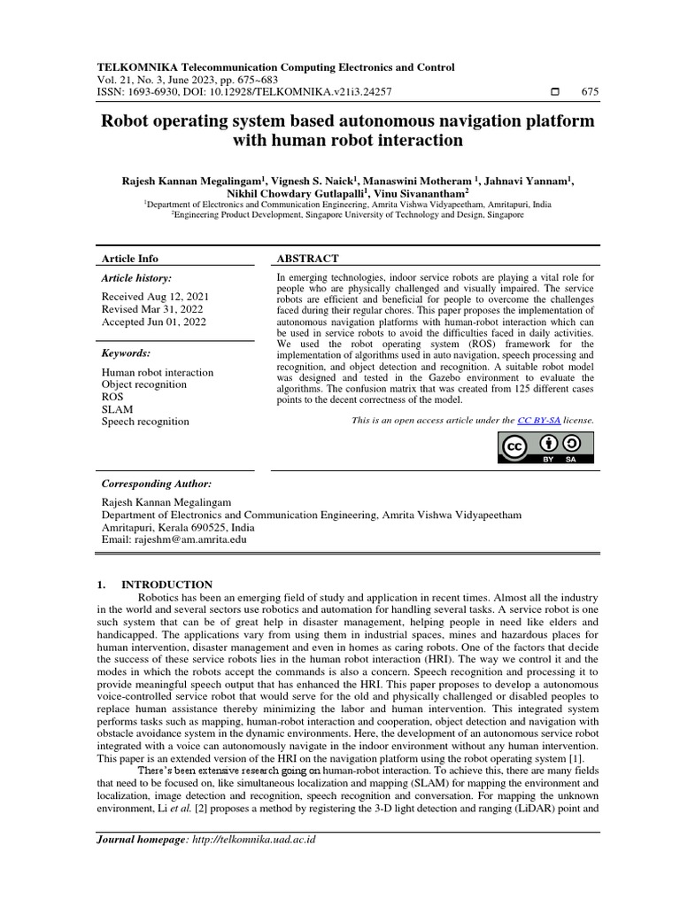 Robot Operating System Based Autonomous Navigation Platform With Human Robot Interaction Pdf