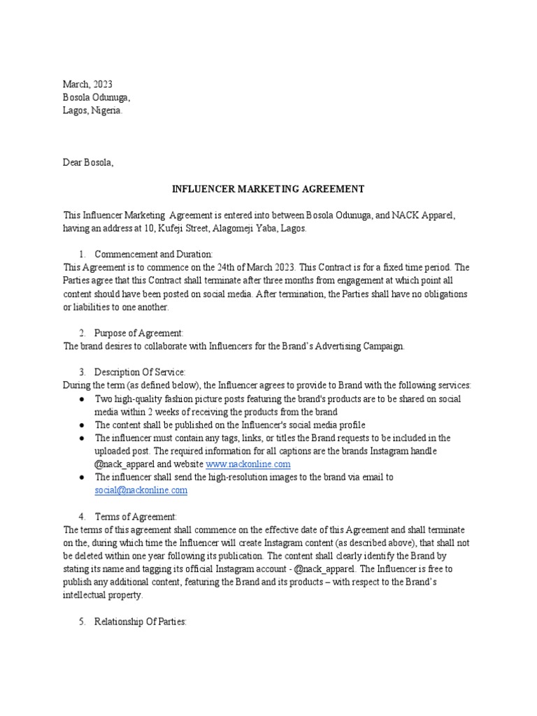 INFLUENCER AGREEMENT Sample | Download Free PDF | Employment | Social Media