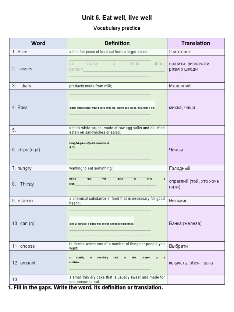 Unit 6. Eat Well, Live Well. Vocabulary Practice | PDF | Cooking | Food ...