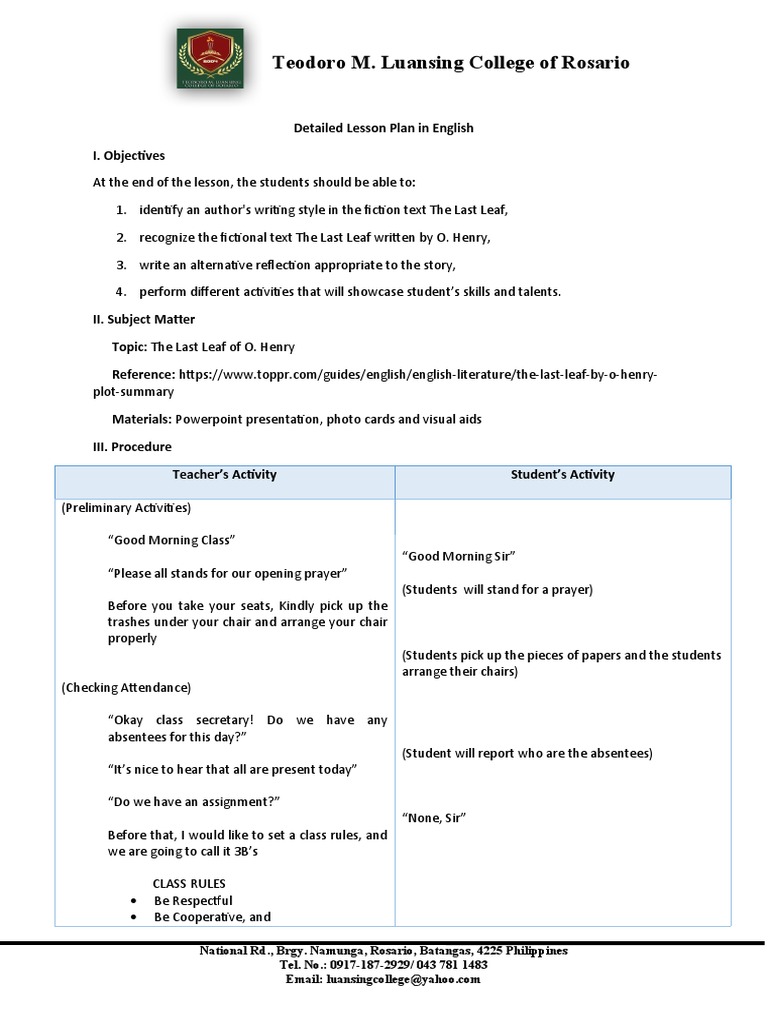 Lesson Plan: The Last Leaf Analysis | PDF | Narration