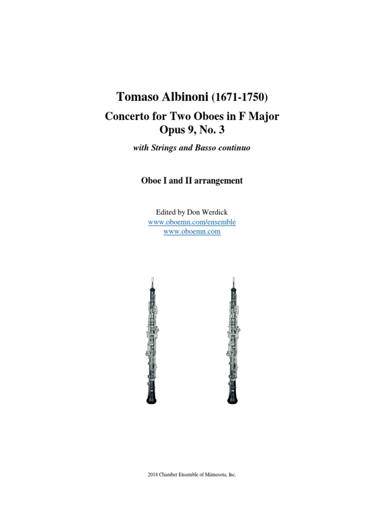 Tomaso Albinoni: (1671-1750) Concerto For Two Oboes in F Major Opus 9, No. 3 | PDF | Concerto ...