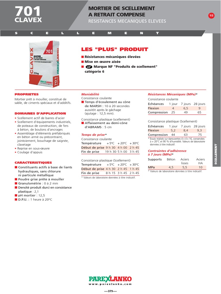 Mortier de scellement Clavex 701 | PDF | Béton | Mortier (matériau)