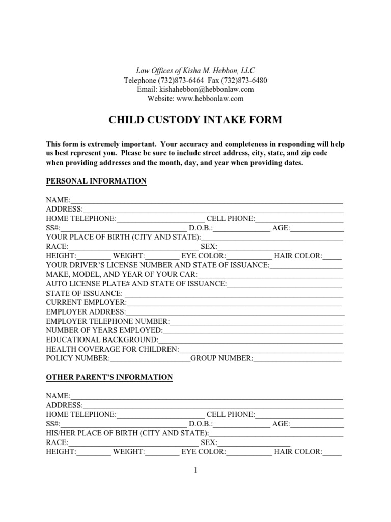 Child Custody Intake Form | PDF | Child Custody | Youth