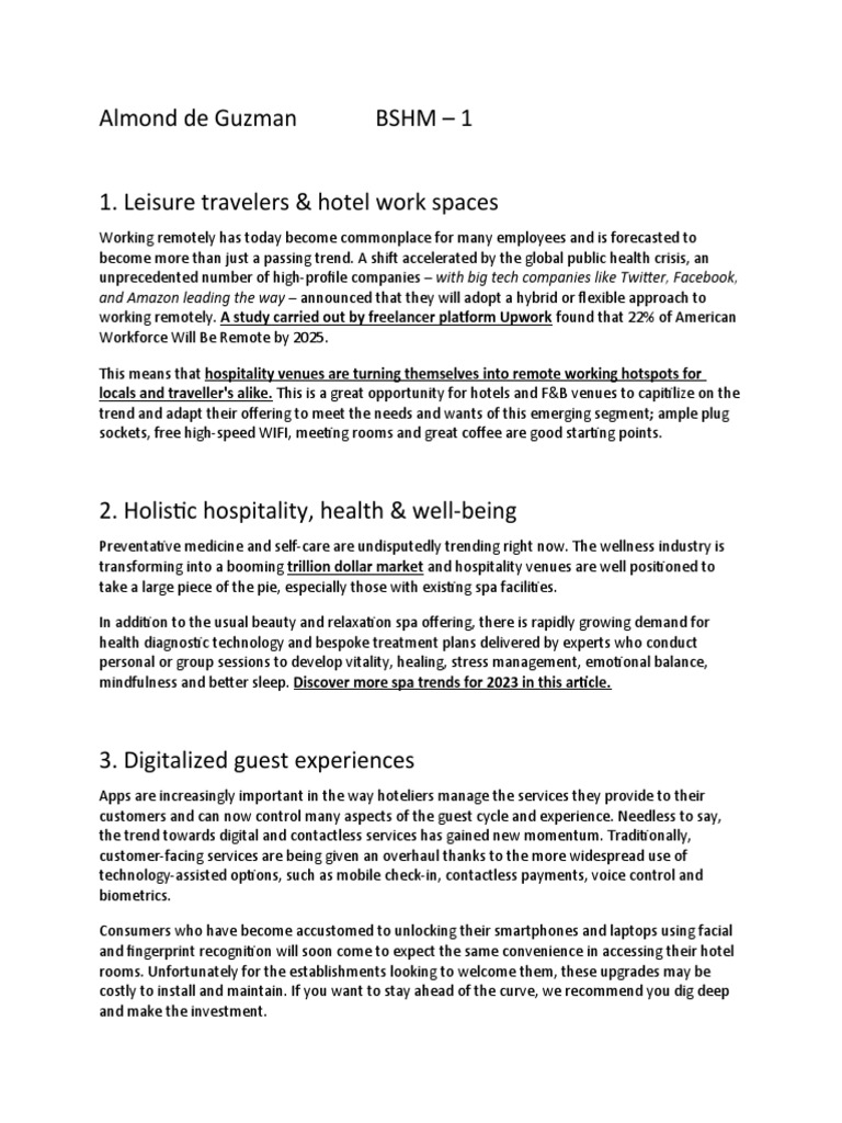 Almond de Guzman BSHM - 1 1. Leisure Travelers & Hotel Work Spaces | PDF | Customer Relationship ...