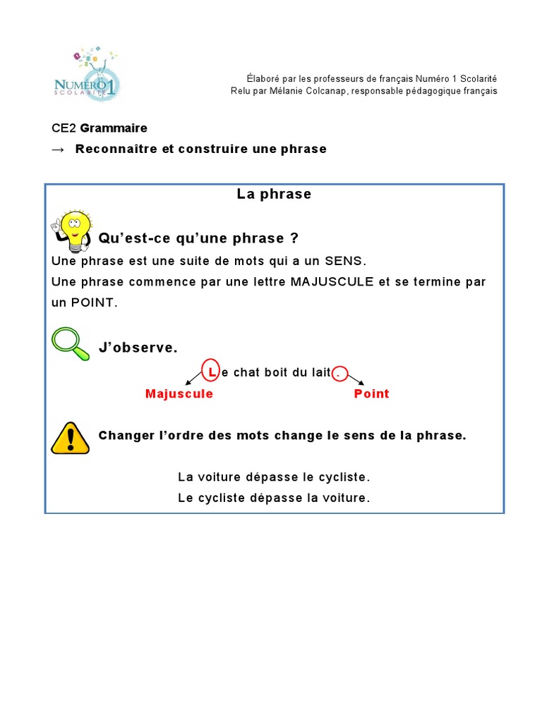 La Phrase en CE2 : Exercices et Évaluations | PDF