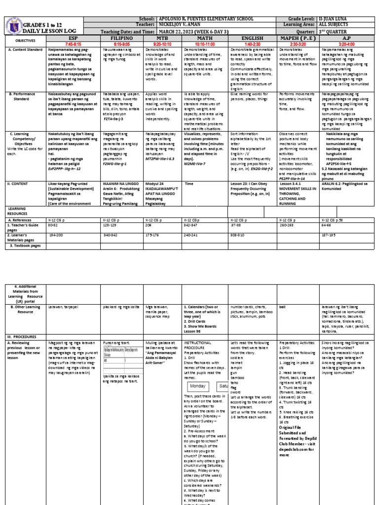 GRADES 1 To 12 Daily Lesson Log ESP Filipino MTB Math English Mapeh (P ...