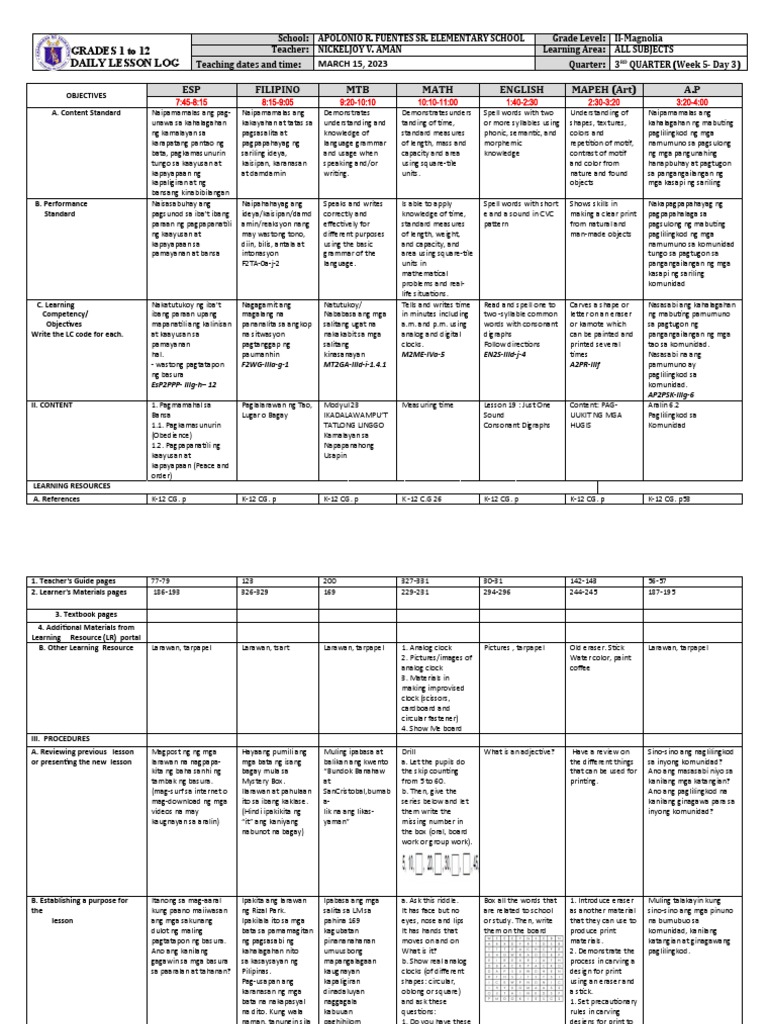 ESP Filipino MTB Math English MAPEH (Art) A.P: GRADES 1 To 12 Daily Lesson Log | PDF