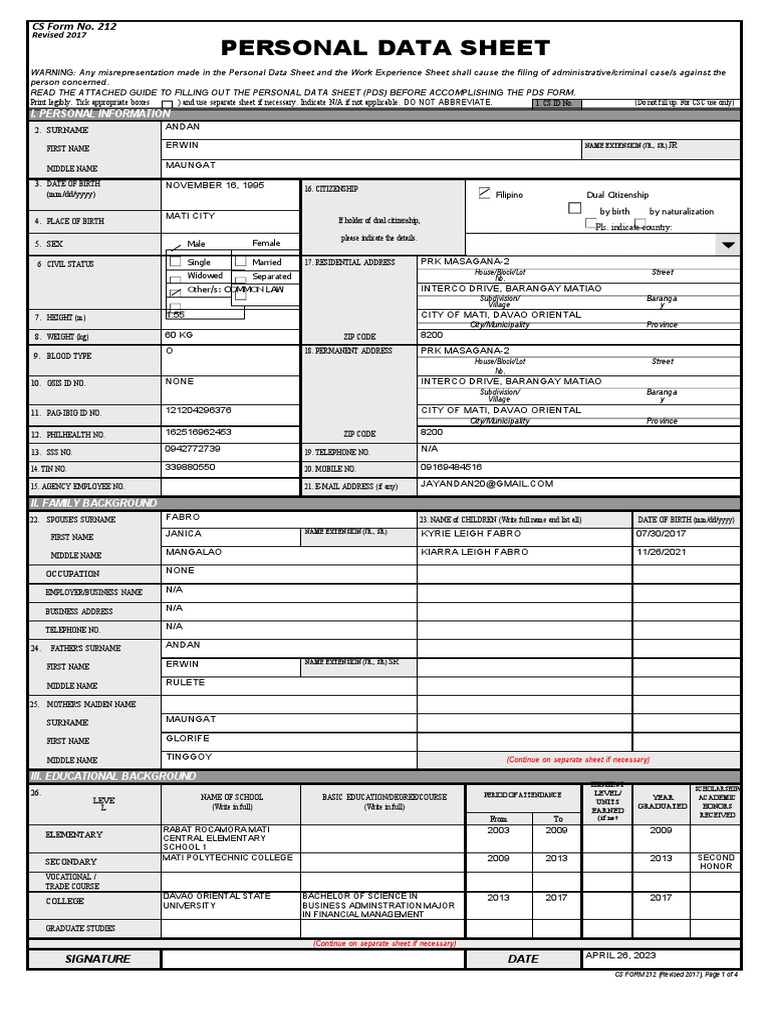 Personal Data Sheet CS Form No. 212 Revised 2017 | Download Free PDF ...