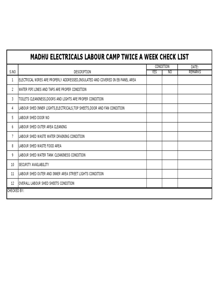 Madhu Electricals Labour Camp Twice A Week Check List | PDF