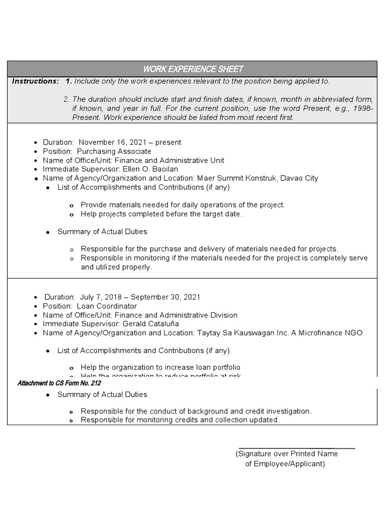Cs Form No. 212 Attachment - Work Experience Sheet | PDF