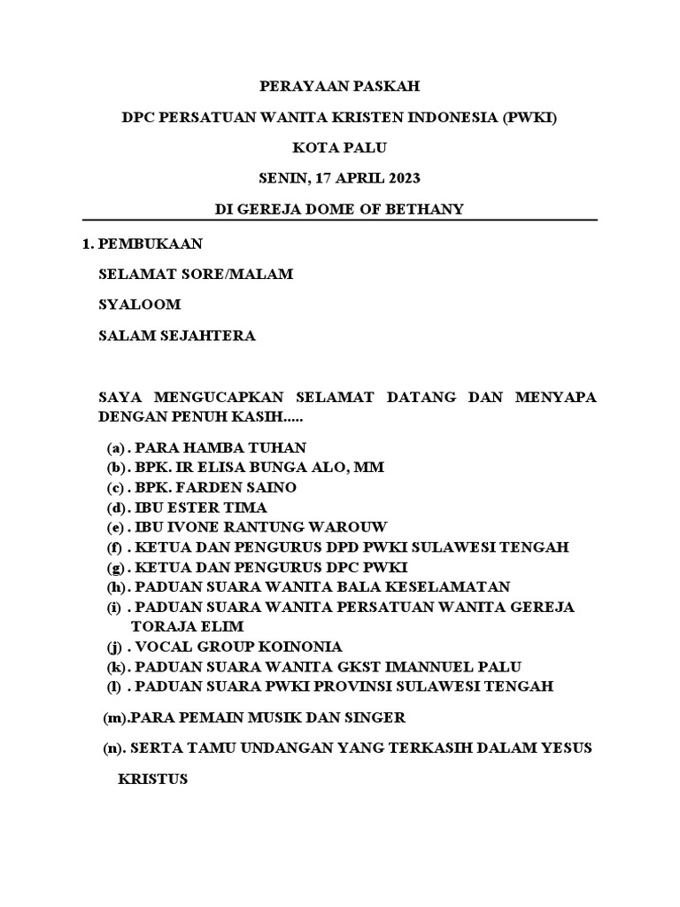 MC Paskah Pwki Kota Palu 2023 | PDF