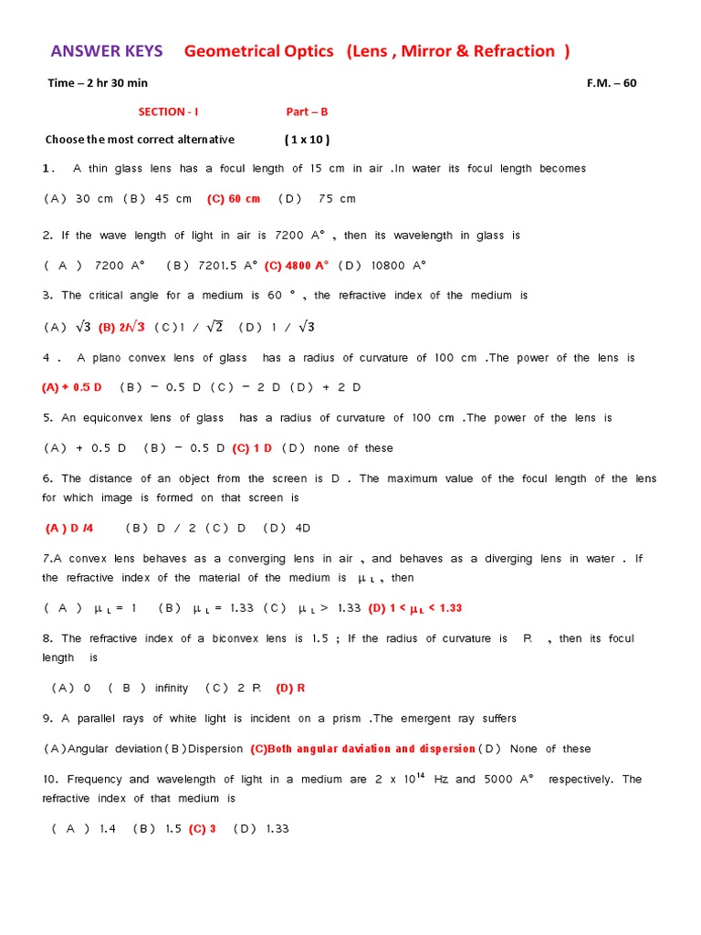 SOLUTION OF Lens, Mirror, Refraction | PDF | Refractive Index | Refraction