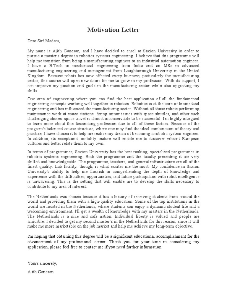 Robotics Motivation Letter | PDF | Engineering | Engineer