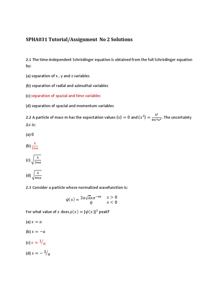 SPHA031-23 Online Assignment No 2 Solutions 2023 | PDF | Electron | Wave Function