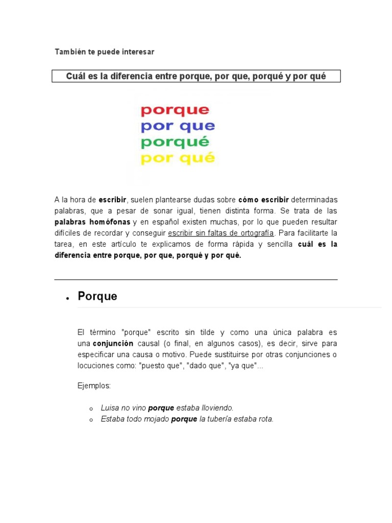 Cuál Es La Diferencia Entre Porque, Por Que, Porqué y Por Qué | PDF ...