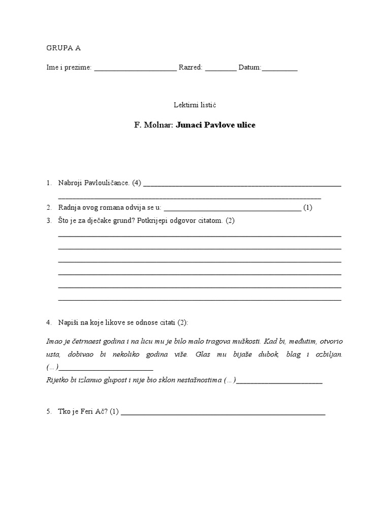 Lektirni Listić - Junaci | PDF