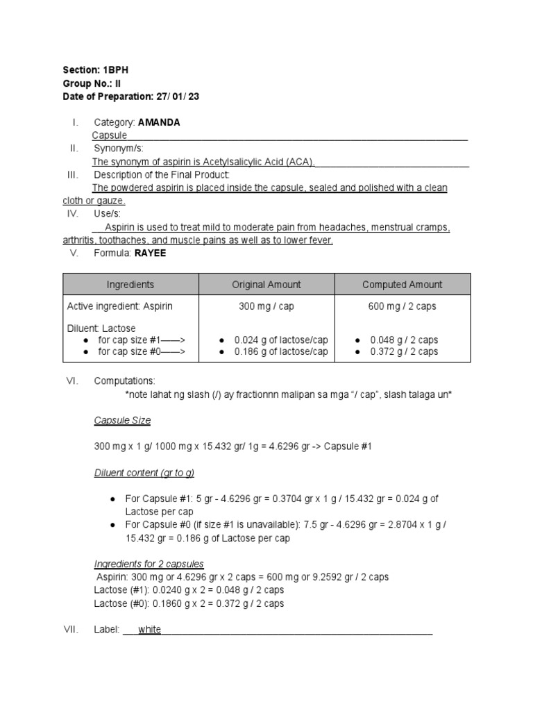 Preparation 5 - Aspirin Capsules | PDF | Tablet (Pharmacy) | Drugs