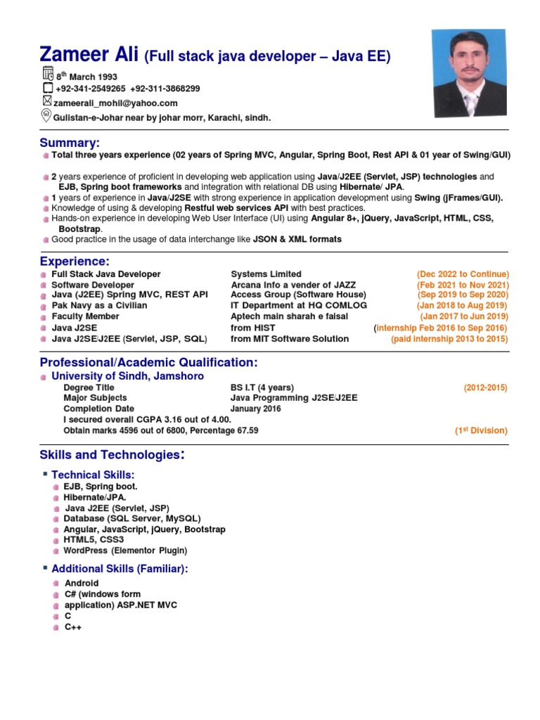 Java Developer Resume | PDF | Spring Framework | Applications & Software