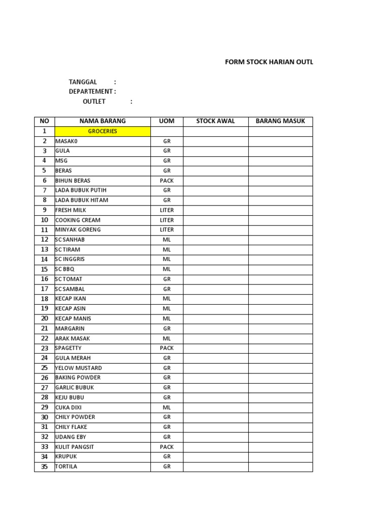 Form Stok Harian Kitchen New | PDF | Food Ingredients | Southeast Asian ...