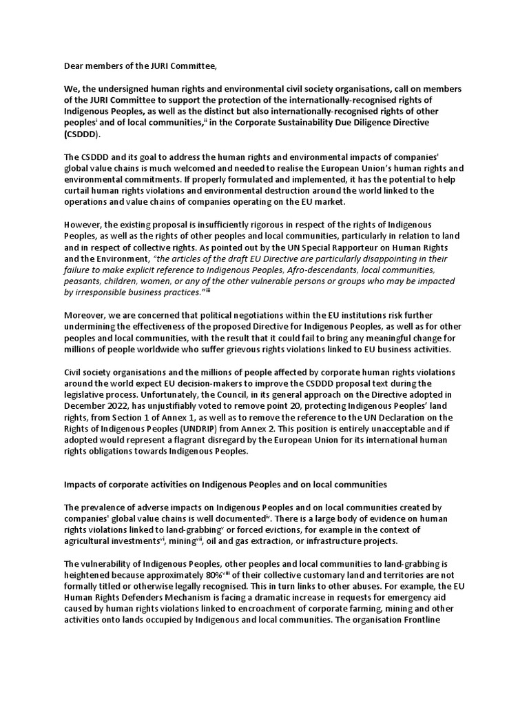 Joint Letter To JURI Committee - CSDDD and Rights of Indigenous Peoples ...