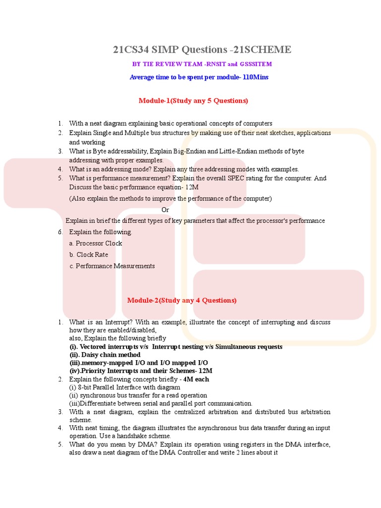 21CS34 SIMP Questions - 21SCHEME: Module-1 (Study Any 5 Questions) | PDF | Random Access Memory ...