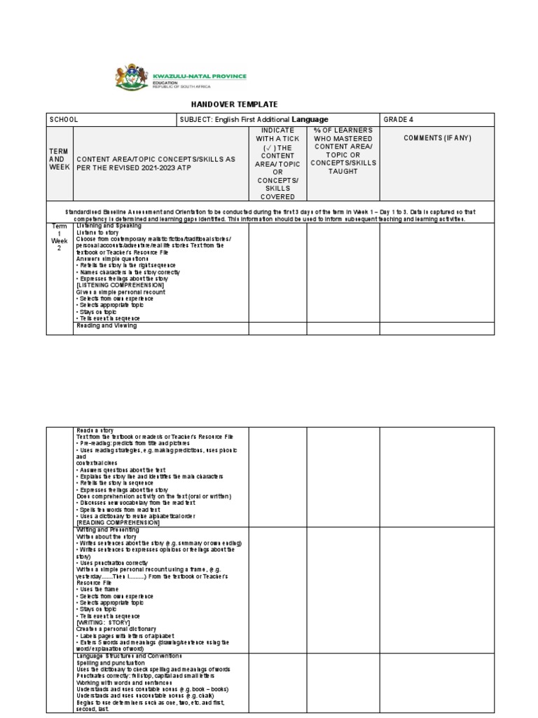 2021-2023 Handover Template Grade 4 Fal | Download Free PDF | Reading ...
