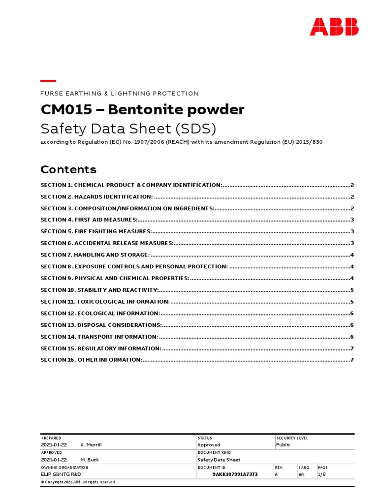 Bentonite Safety Data Sheet | PDF | Toxicity | Dangerous Goods