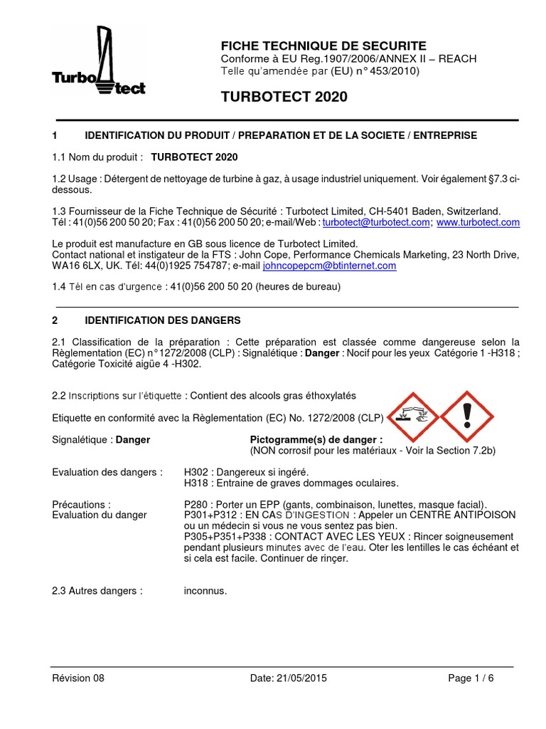 Fiche Technique Sécurité Turbotect 2020 | PDF | Déchets | Eau