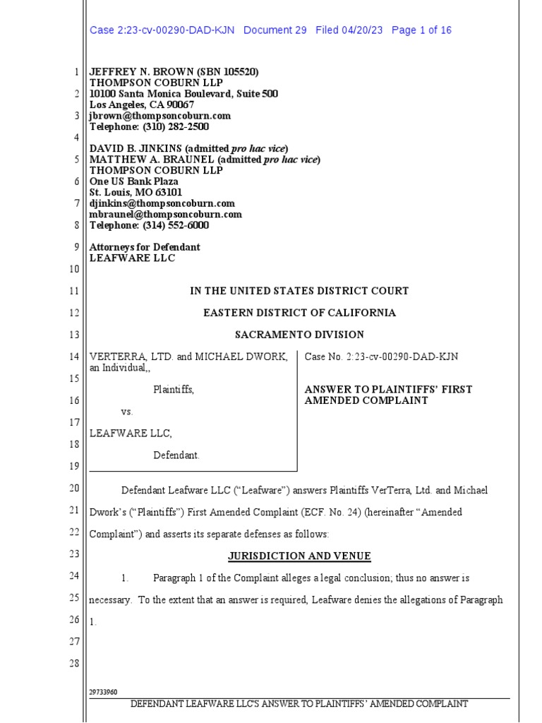 Verterra v. Leafware - Answer | PDF | Politics