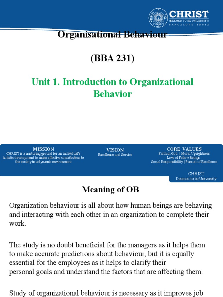 Organisational Behaviour (BBA 231) : Unit 1. Introduction To Organizational Behavior | PDF ...