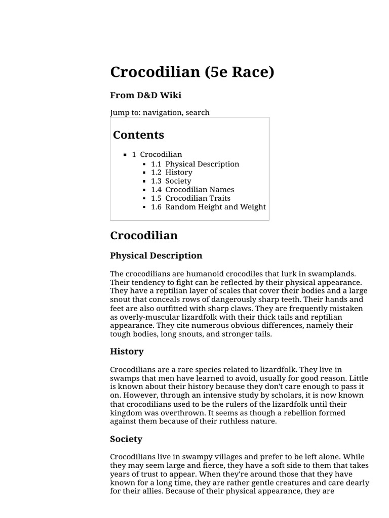Crocodilian Race for D&D 5e | PDF | Crocodile