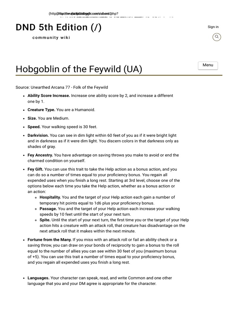 Hobgoblin of The Feywild (UA) - DND 5th Edition | PDF | Gaming ...