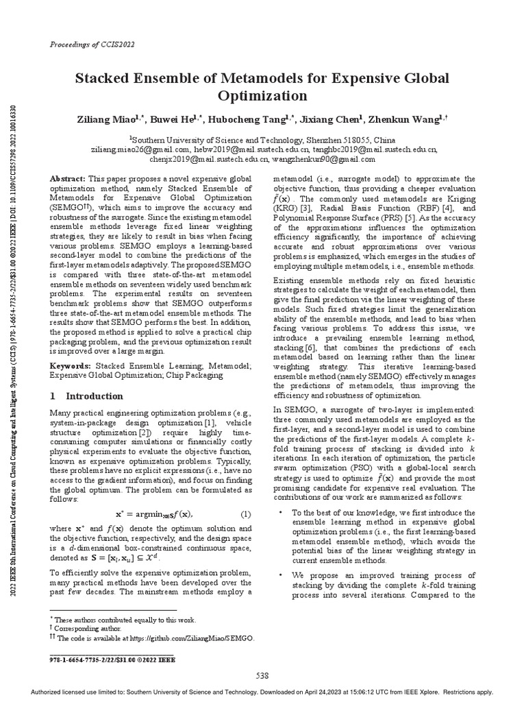 Stacked Ensemble of Metamodels for Expensive Global Optimization | PDF | Institute Of Electrical ...