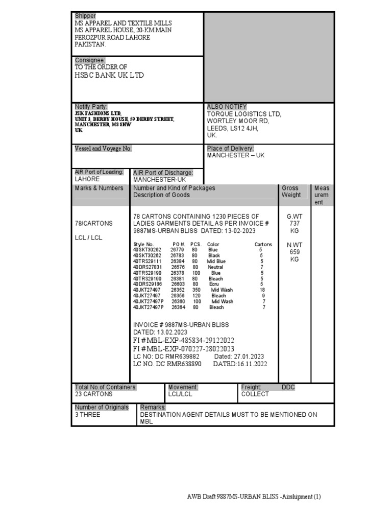 AWB Draft 9887MS-URBAN BLISS - Airshipment | PDF | Logistics | Transport