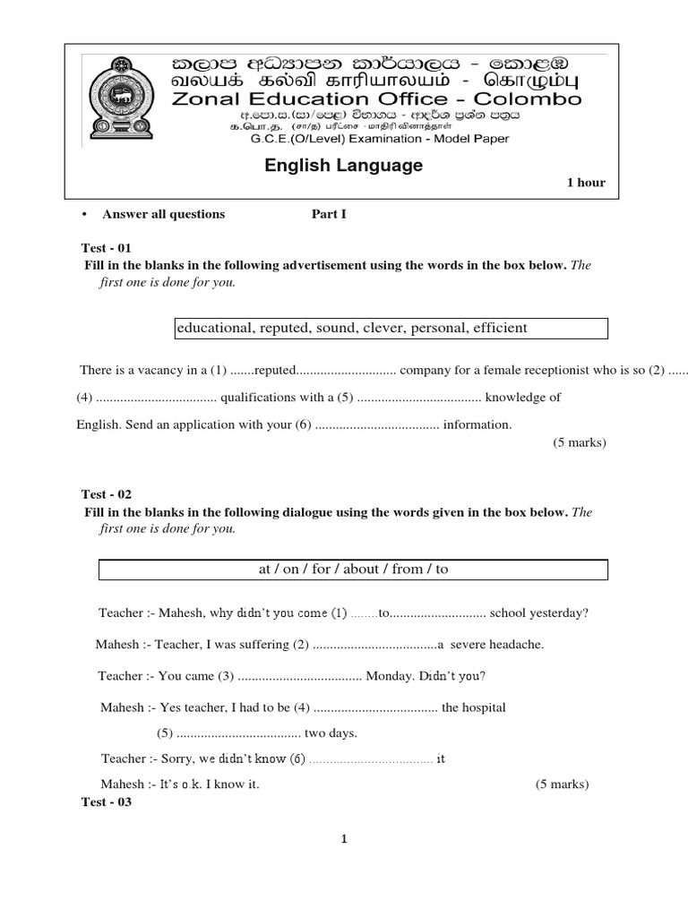 O-L English - Model Paper - Colombo Zone | PDF