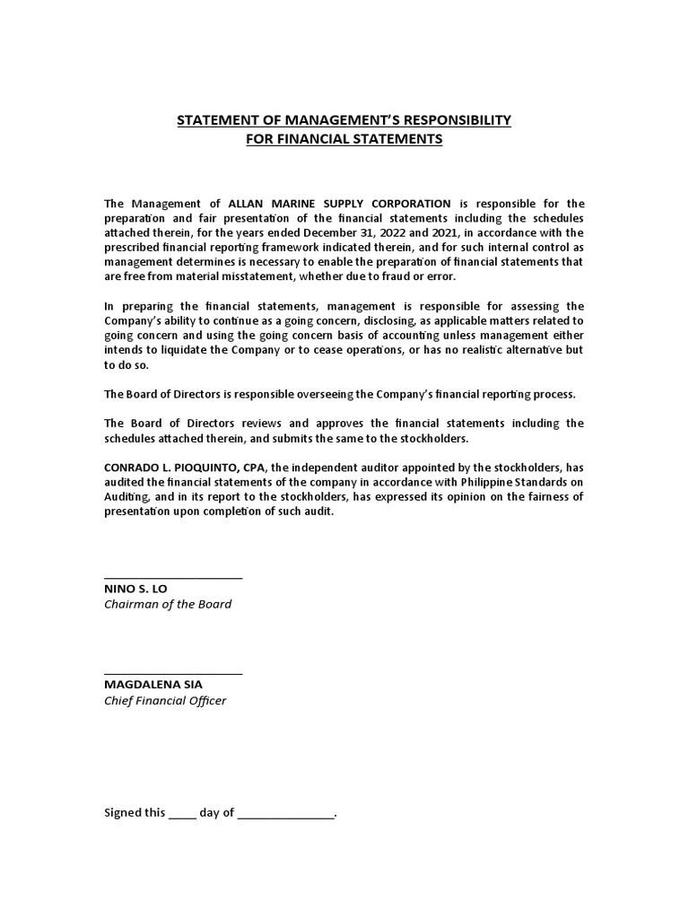 Management's Responsibility for Financials | PDF
