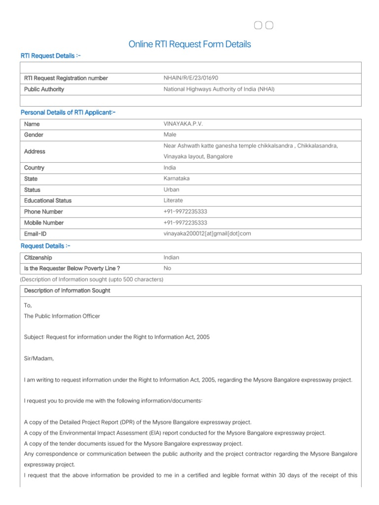 Online RTI Form for Mysore Bangalore Expressway Project Details | PDF | Bangalore