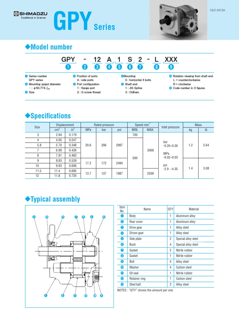 C621-E013A GPY Series Hydraulic Gear Pump Technical Specifications | PDF | Screw | Mechanical ...