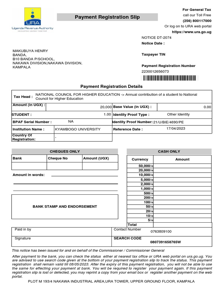 Payment Registration Slip for Annual Contribution to the National ...