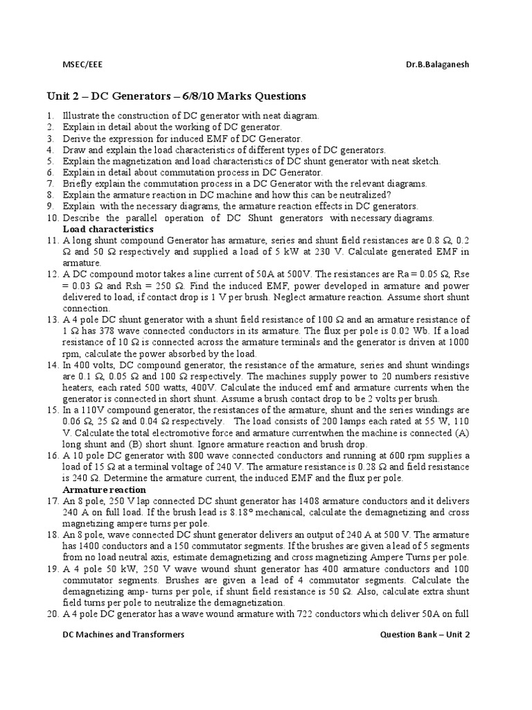 Unit 2 - DC Generators - 6/8/10 Marks Questions: Msec/Eee Dr.B.Balaganesh | PDF | Electric ...