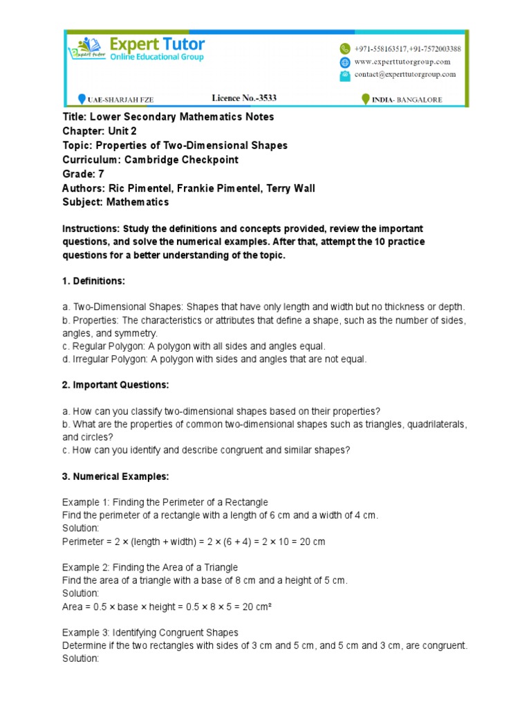 Grade 7 Geometry: 2D Shapes Properties | PDF | Home & Garden
