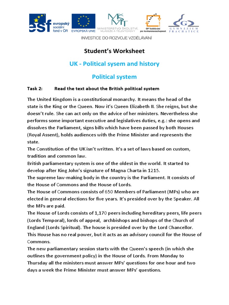 UK - Political Sysem and History Political System: Student's Worksheet ...