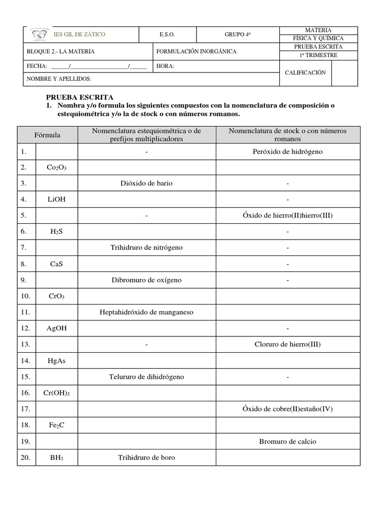 Prueba escrita de formulación inorgánica | PDF | Átomos | Elementos ...
