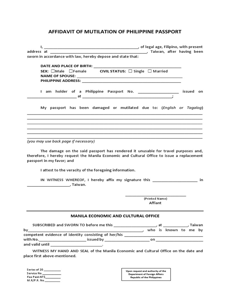 Affidavit of Mutilation of Philippine Passport | PDF | Affidavit | Passport