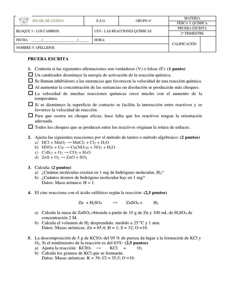 Prueba Escrita. - UD5. - LAS REACCIONES QUÍMICAS | PDF | Reacciones químicas | Ácido sulfúrico