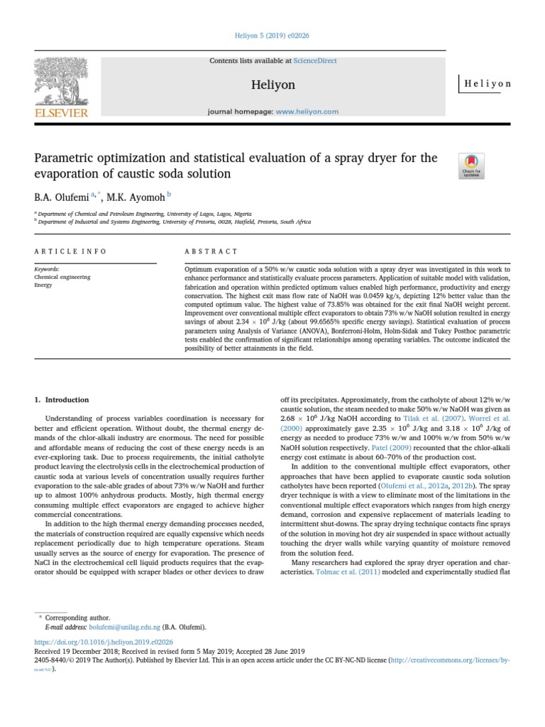 Parametric Optimization and Statistical Evaluation of A Spray Dryer For The Evaporation of ...