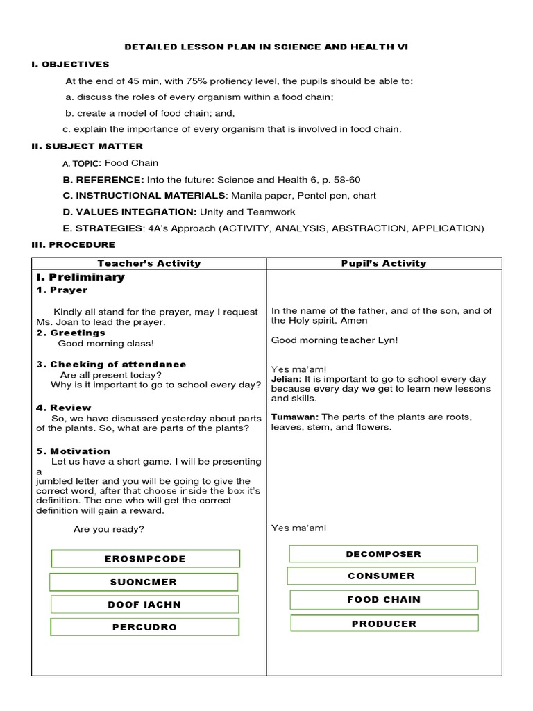 Food Chain Lesson Plan for Grade VI | PDF